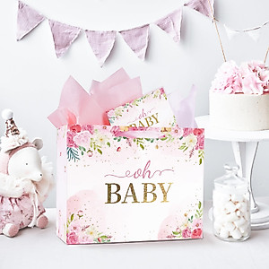 13” Large Baby Gift Bags with Tissue Paper & Greeting Card (oh BABY & Floral), Gift Bags Lager Size for Baby Girl Shower, New Parents, Newborn, 1st Birthday, Gender Reveal Party-Pink