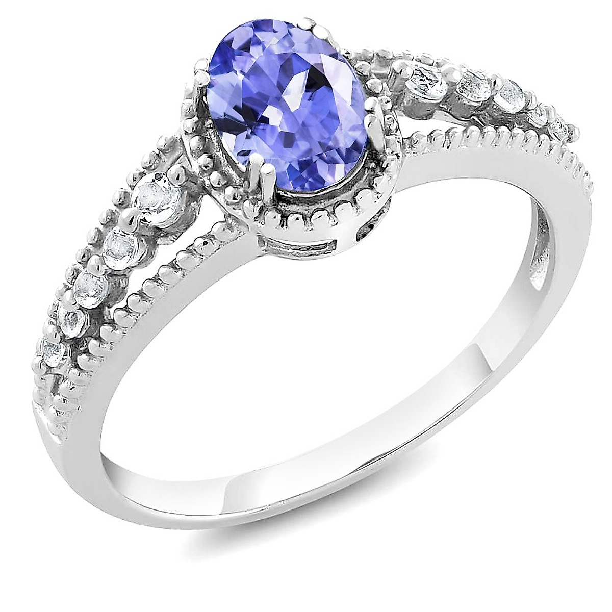 Gem Stone King 1.00 Cttw Tanzanite and White Topaz Engagement Ring For Women In 925 Sterling Silver | Oval 7X5MM | Gemstone Birthstone | Available In Size 5, 6, 7, 8, 9