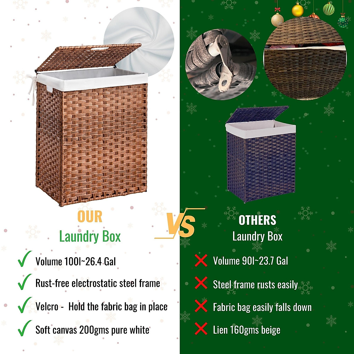 BKSFOAA Laundry Basket with lid, (26.4-Gallon)100L Wicker Laundry Hamper Foldable 2 Removable Liner Bags, Handwoven Rattan Laundry Baskets with Handles, ISO 9001:2015 - Factory Certified, Brown