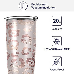 Leopard Print Cheetah Rose Gold Insulated Tumbler Cup with Straw Lid Vacuum Reusable Stainless Steel Water Bottle Coffee Travel Mug 20oz