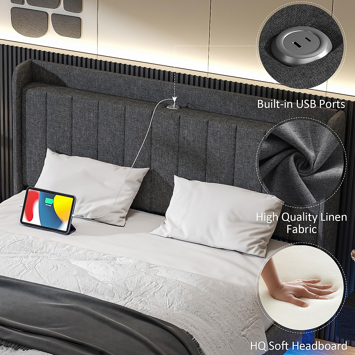 Saudism Upholstered Bed Frame with Storage Headboard, USB Ports, LED Lights - Queen Size, Floating, Noise-Free, Dark Grey