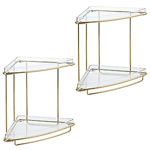 mDesign Steel/Plastic Freestanding Countertop Corner Shelf Organizer with 2-Tier Storage for Bathroom, Vanity, Cabinet, Counter - Holds Makeup, Bath Gel - Prism Collection - 2 Pack - Clear/Soft Brass