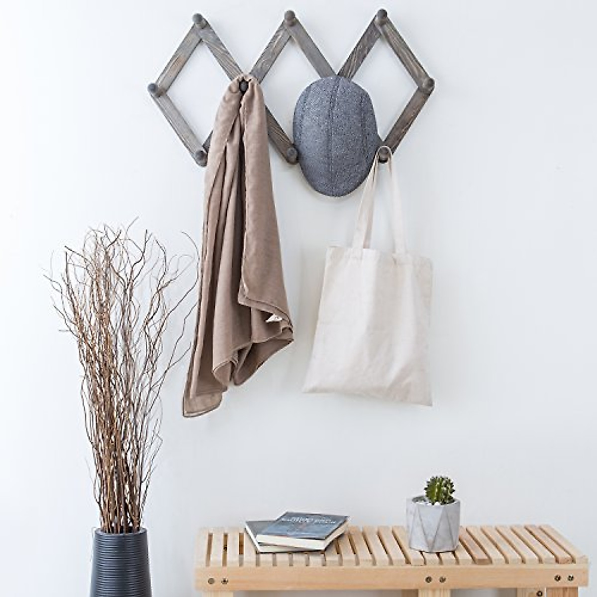 MyGift 10-Hook Rustic Gray Wood Expandable Accordion Peg Coat Rack Hanger