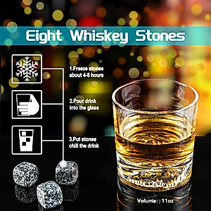 M TIME C CLUB Whiskey Stones and Whiskey Glass Gift Set, 8 Granite Chilling Rocks with 2 Crystal Glasses 10.6oz, 2 Slate Coasters and Metal Tongs, Reusable Ice Cubes for Drinks, Bourbon Gifts for Men
