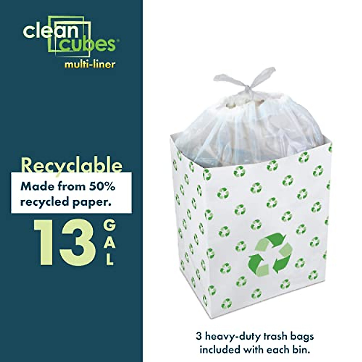 Clean Cubes (Multi-Liner 13 Gallon Trash Cans & Recycle Bins for Sanitary Garbage Disposal. Disposable Containers for Parties, Events, Recycling, and More. 3 Pack (Recycle)