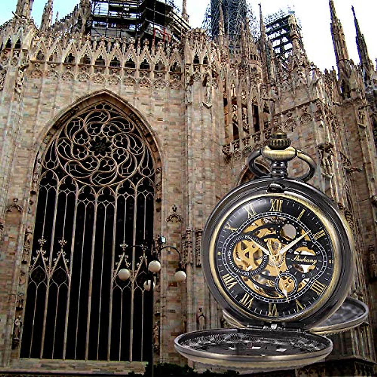 SIBOSUN Pocket Watch Skeleton Mechanical Double Case Hand-Wind Bronze Roman Numerals Antique Chain Mens