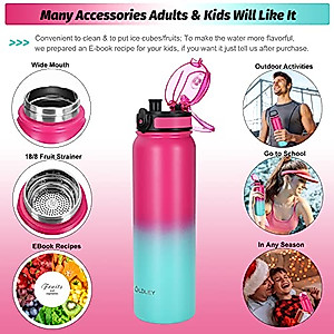 Oldley Insulated Water Bottle with Straw 32oz Stainless Steel Water Bottles with 3 lids Double-Wall Vacuum Thermal for Kids Adults School Sports,Ombre-Purple green