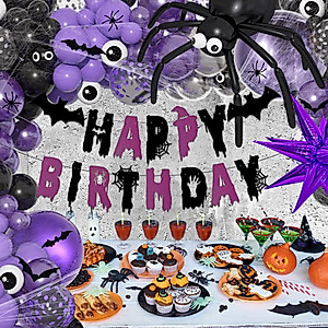 162Pcs Halloween Balloons Arch Garland Kit, Birthday Supplies Purple Black Silver 4D Balloon Spiders Web Bats Happy Birthday Banner for Gothic Halloween Birthday Party Decorations