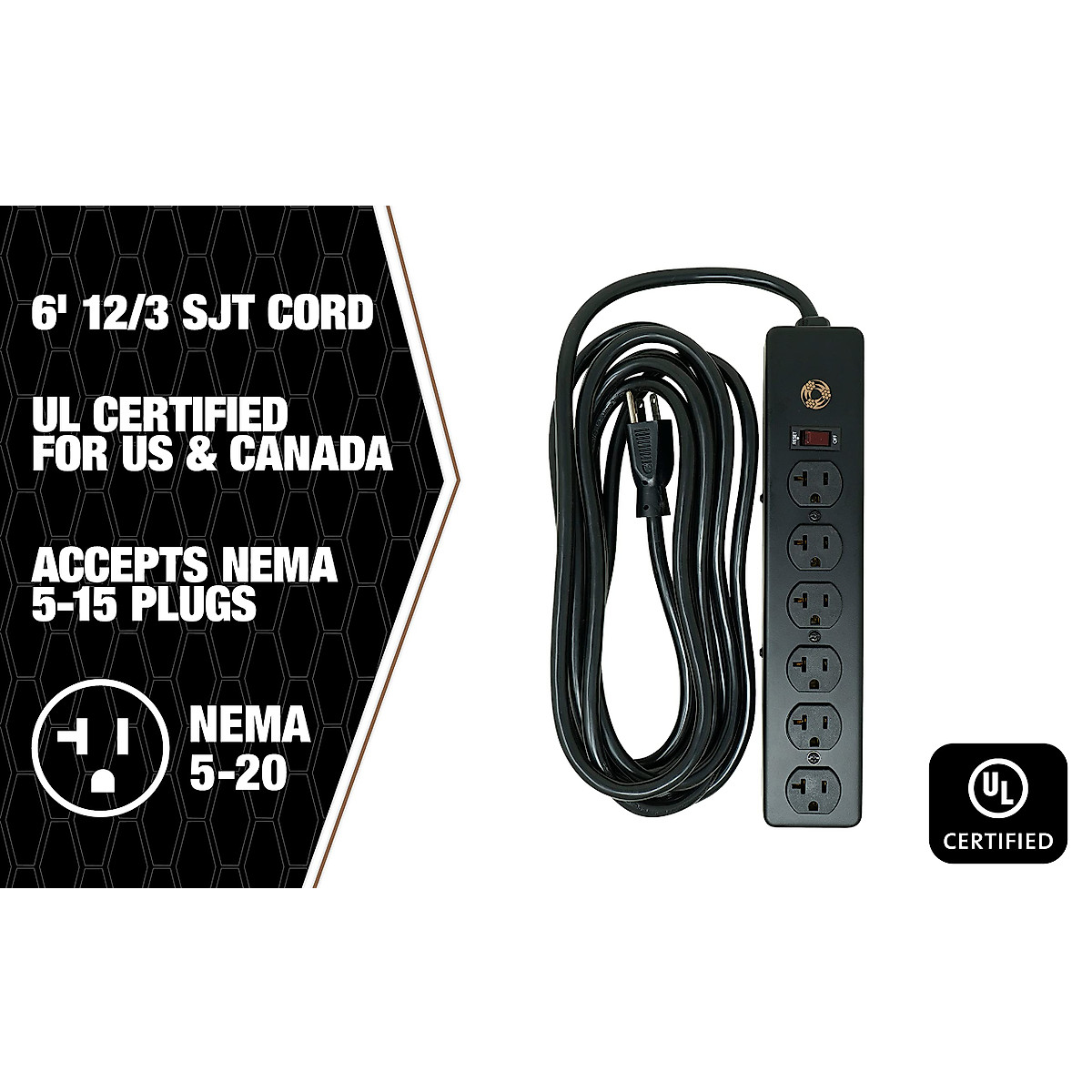 Southwire 5120 20 Amp Rated, 6 Outlet all Metal Power Strip with NEMA 5-20 P&R, 6 Foot 12/3 Cord
