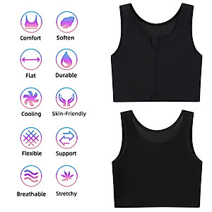 XUJI Women Transgender FTM Zip Up Breathable Half Chest Binder Tank Top (B, S) Black