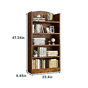 ALISENED 5 Shelf Bookcase, 47" Wood Tall Bookshelf and Bookshelves, Floor Standing Book Shelf Display Storage Shelves for Bedroom Library Living Room Home Office, Rustic