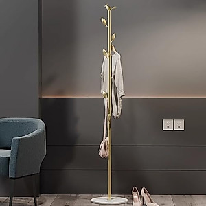 Julenshion Metal Coat Rack Freestanding Coat Tree Clothes Stand with 6 Hooks,Top with Bird, Marble Base for Coats Hats Bags Purses Entryway Hallway Bedroom(Gold