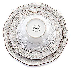 Elama Rustic Birch 16 Piece Embossed Scalloped Stoneware Round Dinnerware Set in White with Brown Accents
