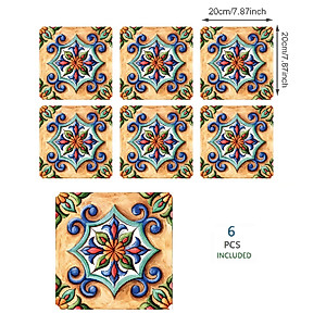 Self-Adhesive DIY Stickers Peel and Stick Wall Backsplash Decals Home Tiles for Kitchen/Living Room/Bathroom in Moroccan Portuguese Mexican Talavera Design - Pack of 6
