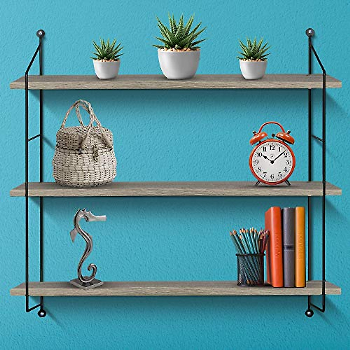 Sorbus® Floating Shelf with Metal Brackets — Wall Mounted Rustic Wood Wall Storage, Decorative Hanging Display for Trophy, Photo Frames, Collectibles, and Much More (3-Tier – Grey)