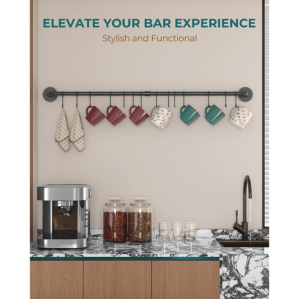 OROPY 39 inch Pot Bar Rack Wall Mounted Detachable Pans Hanging Rail Kitchen Lids Utensils Hanger with 14 S Hooks Black