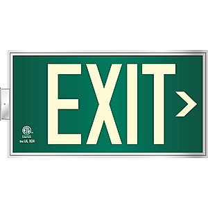 Photoluminescent Exit Sign Green Framed Flag/Ceiling Mount Double Sided. UL 924 Code Approved.