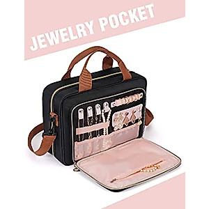 heouvo Hanging Travel Toiletry Bag for Women with Jewelry Organizer, Large Toiletry Bag with Shoulder Strap/Trolley Belt for Full Sized Toiletries and Cosmetics Shampoo Makeup (Black)