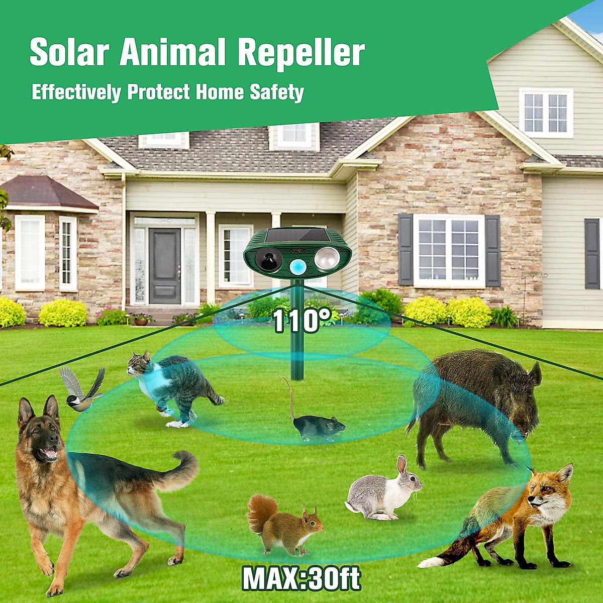 Ultrasonic Cat Deterrent, Solar Powered Deterrent Device with Motion Sensor and Flashing Light, Waterproof Device for Farm, Garden, Yard, Dogs, Birds, Green