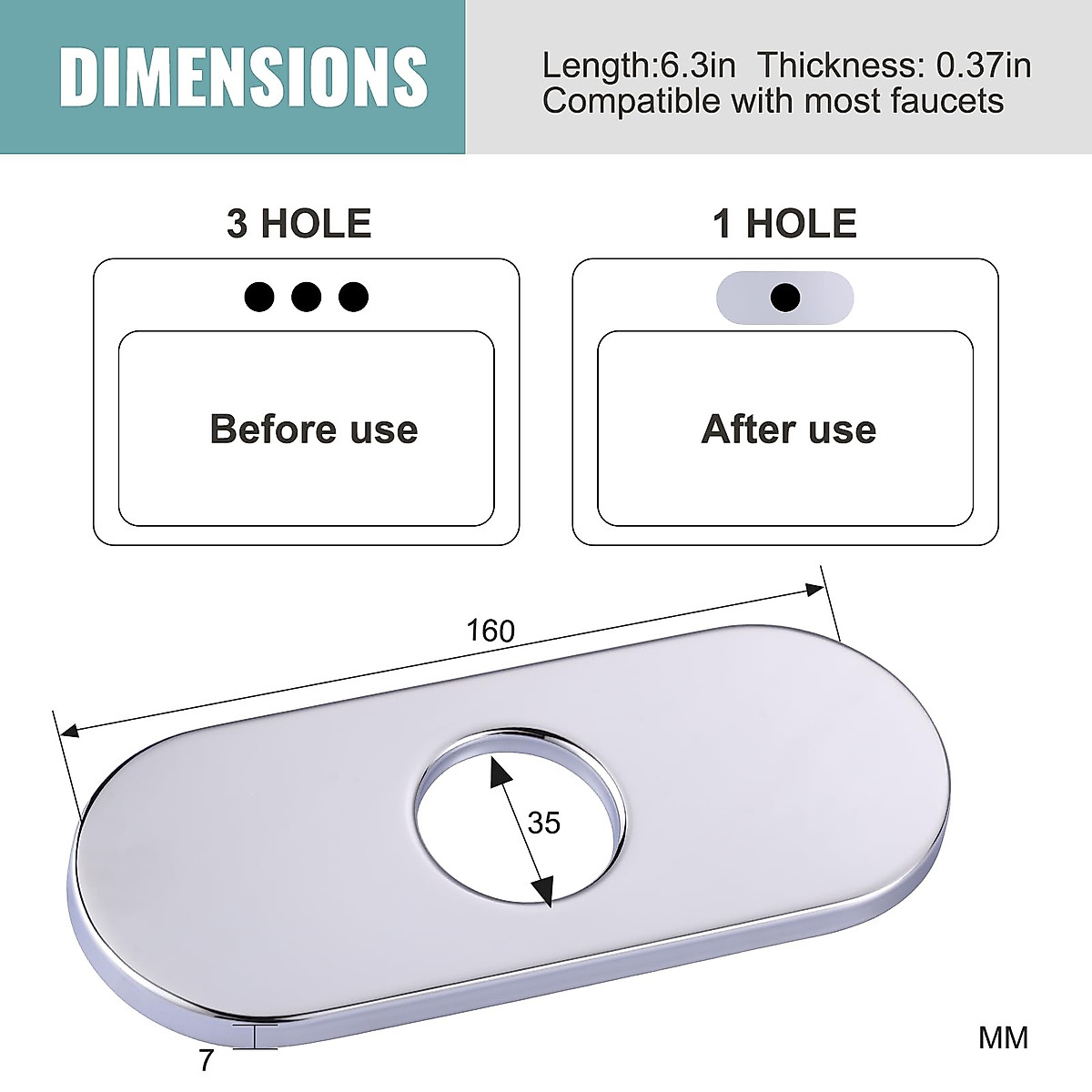 WOWOW 6.3 inch Kitchen Sink Faucet Hole Cover Deck Plate Chrome,Sink Hole Cover for 1 or 3 Hole Kitchen，Sink Faucet Single Hole Mixer Tap, Escutcheon Plate Stainless Steel Deck Plate
