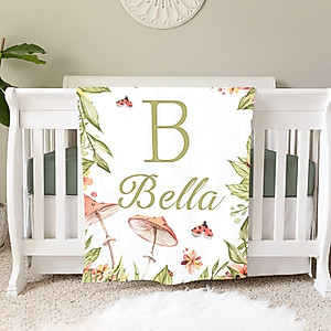 Leaves Mushroom Ladybird Personalized Monogramed Baby Shower Blanket for Baby Girl Boy, Custom Name Soft Warm Newborn Throw Blanket 30X40 in