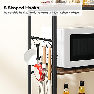 HOOBRO Bakers Rack with Power Outlets, Coffee Bar with Floating Shelves, Microwave Stand with 11 S-Hooks, Freestanding Kitchen Storage Shelves, for Kitchen, Living Room, Rustic Brown BF11UHB01