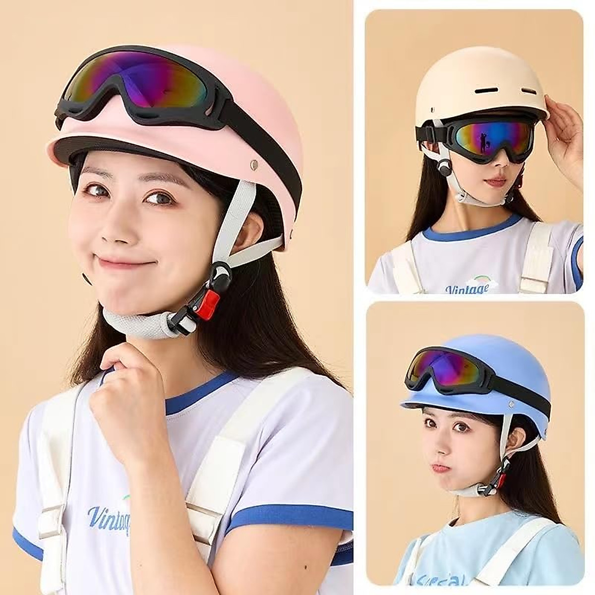 DOT Certified Fashion Girl Motorcycle Helmet, Vespa Youth Open Face Ultra-Thin Comfortable Helmet, Men Women Retro Motorbike Summer Street Sunscreen Helmet for Scooter Cruiser ATV Moped-A||55-60CM