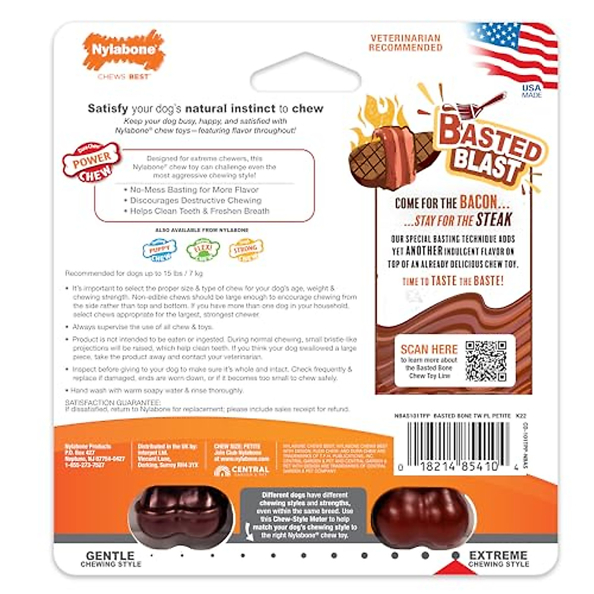 Nylabone Basted Blast Original & Textured Bone Power Chew Toy for Dogs, Dog Toys for Aggressive Chewers, Bacon and Steak Flavor, X-Small - Up to 15 lbs, 2 Pack