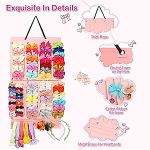 Hair Bows Holder w/Large Capacity, Hair Clips Storage Hanger w/ 16 Ribbons, Hair Bows Organizer, Baby Hair Accessory Storage Display w/Sturdy Rope, Wall Hanging for Girl Room, Baby Nursery Decors