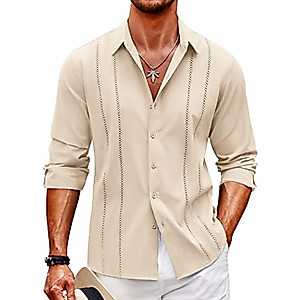 COOFANDY Men's Linen Shirts Casual Cuban Guayabera Shirt Long Sleeve Beach Shirts Beige