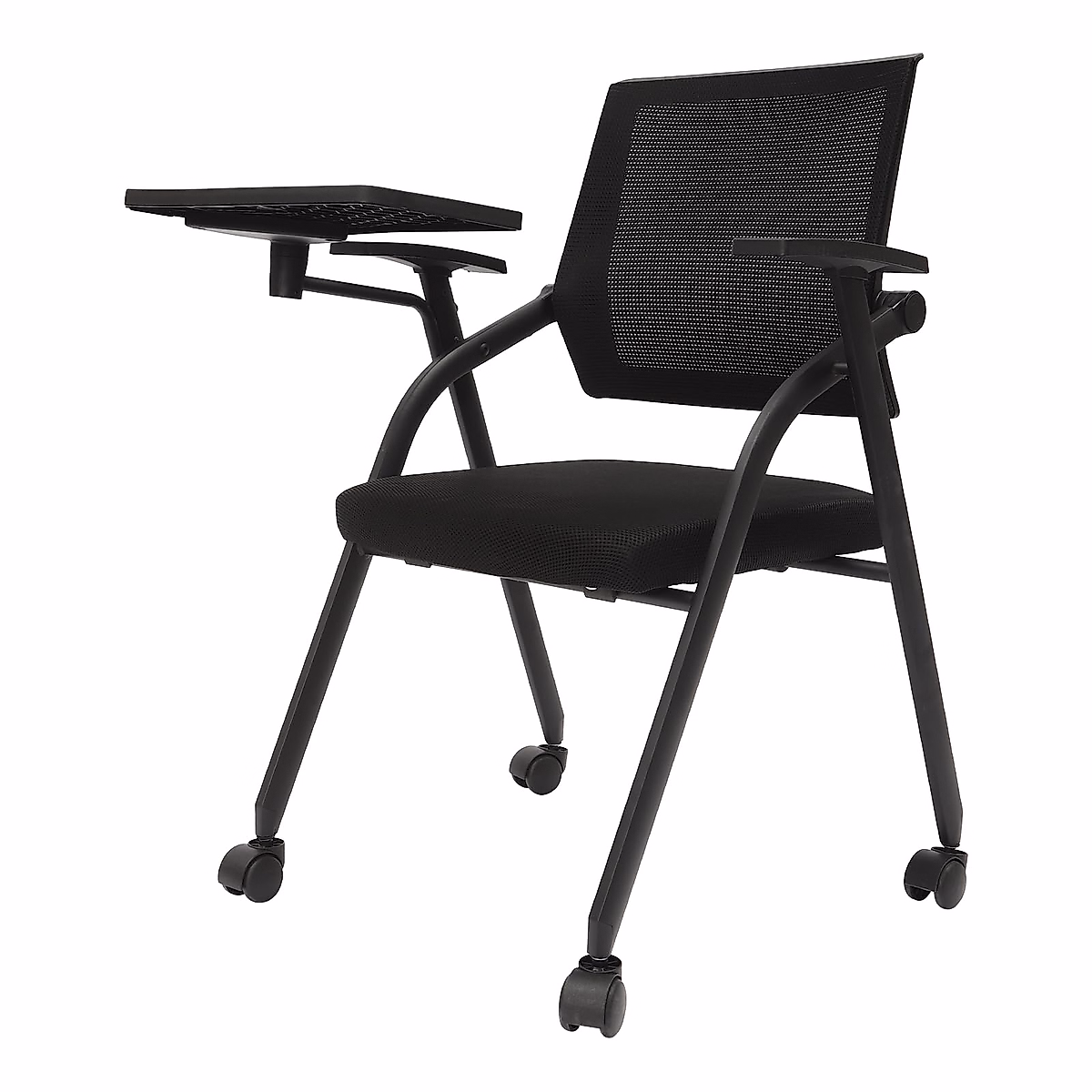 LOHISHILO 4pcs Mesh Guest Reception Stack Chair Tablet Arm Chair with Caster Arms for Office Conference, Reception, Training Room Chair, Schools, Meeting Rooms, Step Classrooms, Churches, Homes