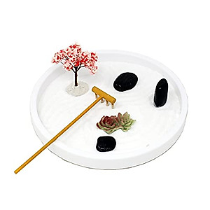 Nature's Mark Mini Zen Garden Kit for Desk with Rake, White Sand, Lotus Figures, White Round Base, Black River Rocks and Mini Blossom Tree (8Lx8W Round B)