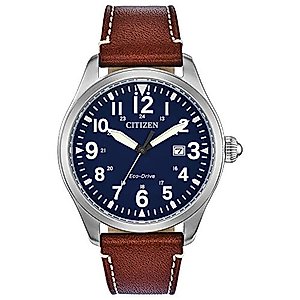 Citizen Men's Eco-Drive Weekender Garrison Field Watch in Stainless Steel with Brown Leather strap, Blue Dial (Model: BM6838-17L)