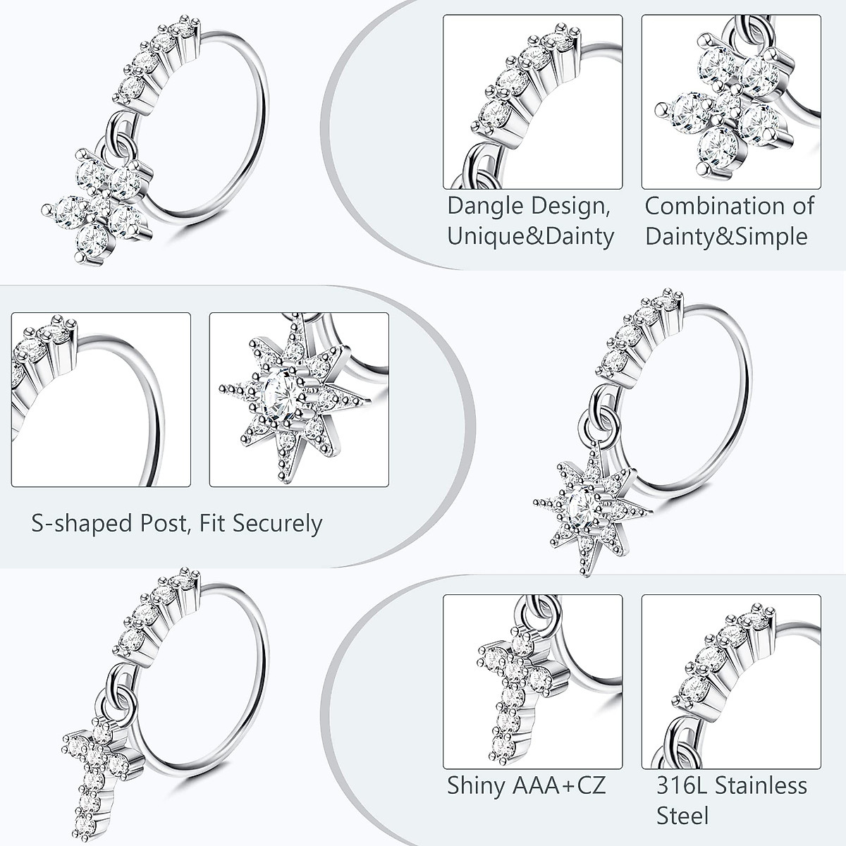 ORAZIO 9Pcs Dangle Nose Rings Dangling Nose Hoops 20G Nose Rings for Women, cubic-zirconia