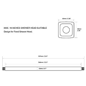 Shower Arm with Flange 22.3 Inch Stainless Steel Ceiling Mounted Shower Arm Rainfall Shower Head Extension Pipe, NPT 1/2 to IPS 1/2,Brushed Nickel