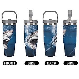 Great White Shark Opens Mouth 30 Oz Tumbler with Handle And Flip Straw, Stainless Steel Vacuum Insulated Travel Mug, Thermal Cup for Coffee, Water, Iced Drinks, Fits Car Cup Holders (Home, Sports)