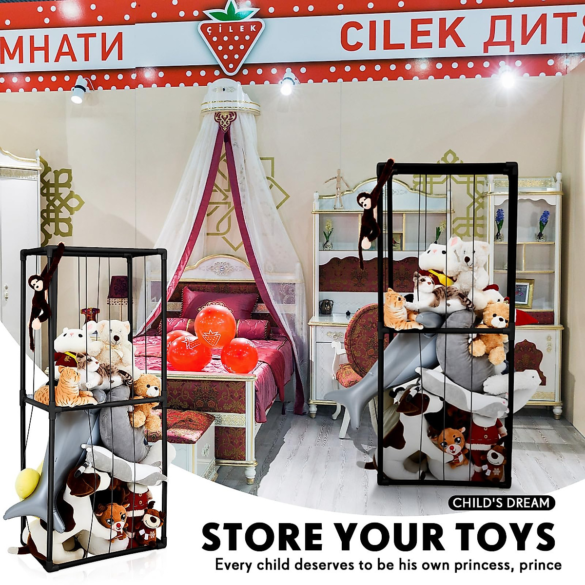 Stuffed Animal Storage Standing Storage Organizer Display Large Stuffed Animal Holder Plush Toy Storage for Kids Room Playroom Bedroom Nursery, Easy to Assemble PVC (Black)