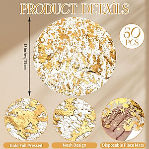 Sunnychicc 50 Pcs Disposable Gold Placemats Set 13 Inch Round Gold Foil Mesh Pressed Table Doilies Gold Metallic Thin Mesh Table Runner for Home Decoration Dining Table Wedding Birthday Party