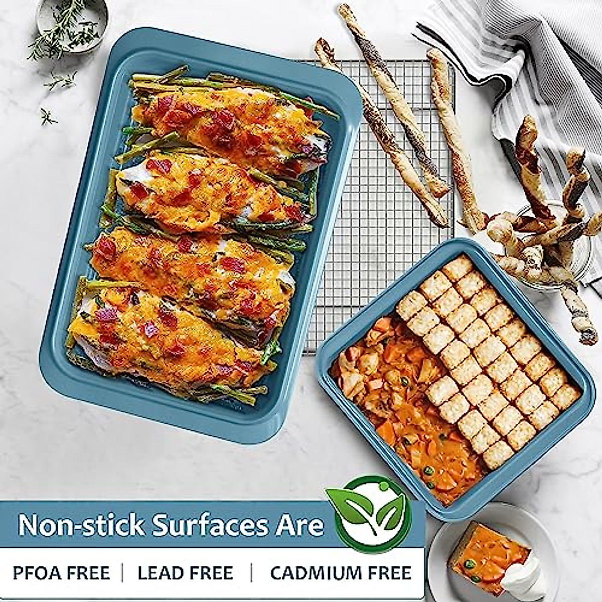 Baking Pans Set with Nonstick Coating - UltraThick Professional 8-Piece Bi-Color Pans including Cookie Sheet, Muffin, Loaf, Cake Pans, and Cooling Rack - Heavy Duty, Dishwasher Safe (Grey&Blue)