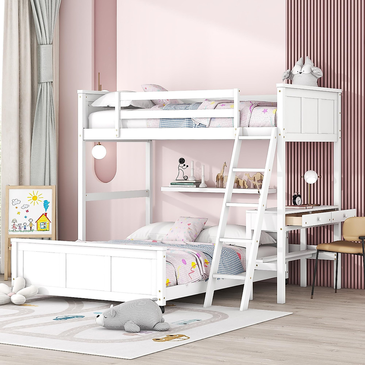 BIADNBZ Twin Over Full Bunk Bed with Desk and Drawers, Wooden L-Shaped Bunkbed Convertible to Loftbed and Platform Bedframe, for Kids/Teens/Aduts Bedroom, White