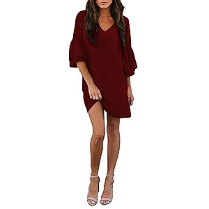 BELONGSCI Women's 2023 Summer Dress Sweet & Cute V-Neck Bell Sleeve Shift Dress Mini Dress, Perfect for Wedding or Graduation