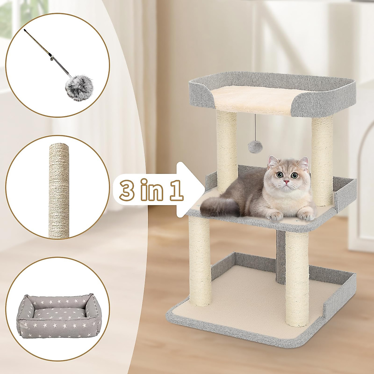 Durable Cat Scratching Post with Bed, Multi-Level 27.56in Cat Tree with Scratching Posts of Natural Sisal, All-Season Cat Tree for Indoor Large Cats, Kittens (Grey)