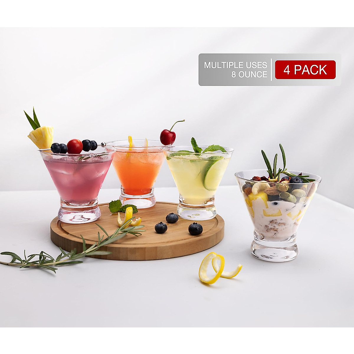 LUNA & MANTHA Martini Glasses Set of 4, Stemless Martini Cocktail Glasses for Margarita, Manhattan, Cosmopolitan, Home Bar, Evening Parties, Birthdays, Housewarming Gift, Crystal Clear 8 OZ