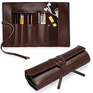 ECHSRT Leather Pencil Case Roll Up Bag Pencil Pouch Wrap Foldable Tool Roll Supplies Art Stuff Organizer Vintage Gift for Office Artist Adults, Brown