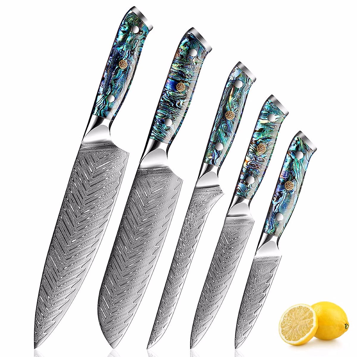 SENKEN Damascus Steel Kitchen Knife Set - Umi Collection - 67-Layer Japanese VG10 Steel, Real Deep-Sea Abalone Shell Handle, Chef's Knife, Santoku, Paring, Fillet, Utility (5-Piece Damascus Knife Set)