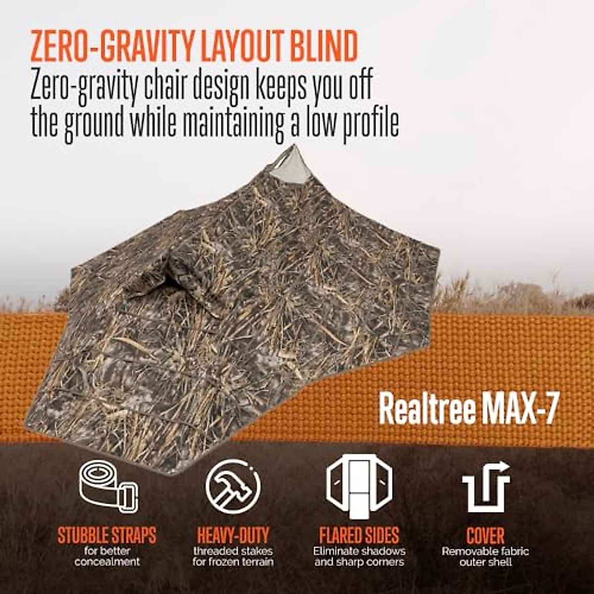 ALPS OutdoorZ Zero-Gravity Layout Blind - Advanced Hunting Blind in Realtree MAX-7, with Flared Fabric, Heavy-Duty Stakes, Padded Seat & Headrest, Gear Pockets, and Backpack Straps