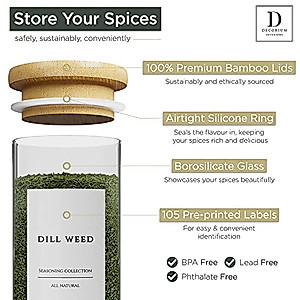 Decorium Interiors Bamboo Spice Jars (10 Pack, 6oz) – Glass Jars with Bamboo Lids - Spice Containers with Bamboo Lids w/ 105 Pre-Printed Labels – Lead-Free Bamboo Jars for Storing Spices & More