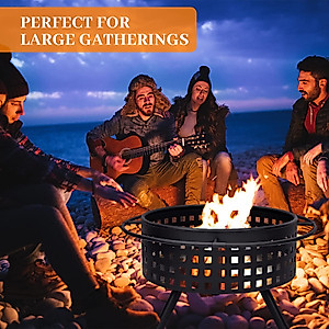 Vipush Fire Pit 30" Wood Burning Portable Outdoor Fire Pits - Large Steel BBQ Grill Fire Bowl with Spark Screen for Outside Patio ​Fire Poker Steel Round Fireplace for Camping Bonfire Beach Backyard
