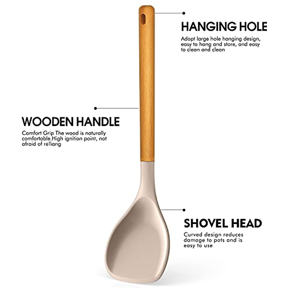 Large Silicone Cooking Utensils Set - Heat Resistant Silicone Utensils for Cooking w Long Wooden Handles, Kitchen Utensil Spatula Set, Kitchen Gadgets for Non-Stick Cookware, BPA Free(Khaki)