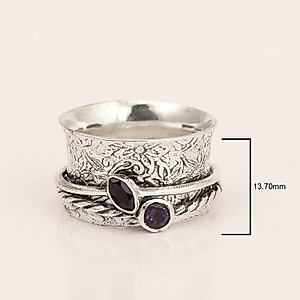 Shine Jewel Spinner Ring with Gemstones 925 Sterling Silver Fidget Band Meditation Ring for Men Women Anxiety Stress Relieving (Purple Amethyst, 9)